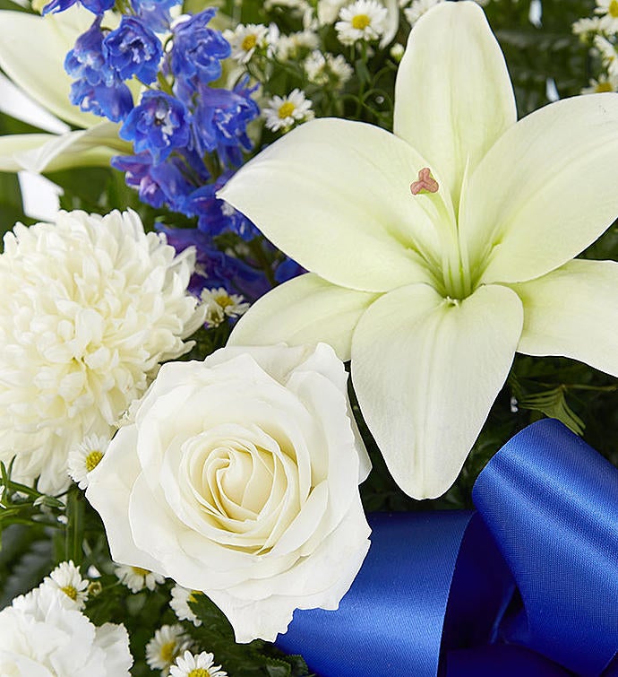 Heartfelt Sympathies Blue & White Funeral Standing Basket | 1800Flowers ...