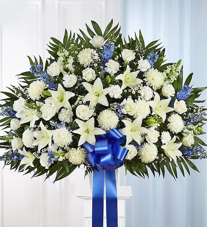 Heartfelt Sympathies Blue & White Funeral Standing Basket | 1800Flowers ...